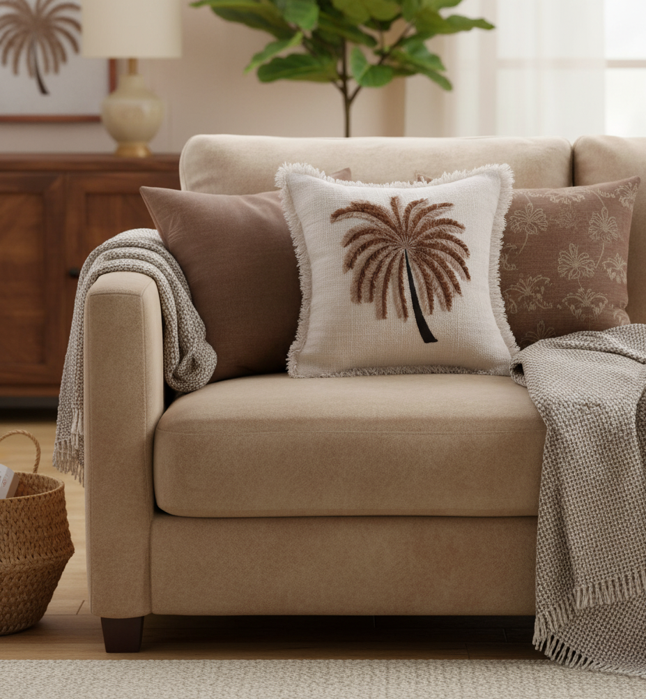 Isla Palm Tree Decor – Brown & Natural Handwoven Pillow Cover with Fra